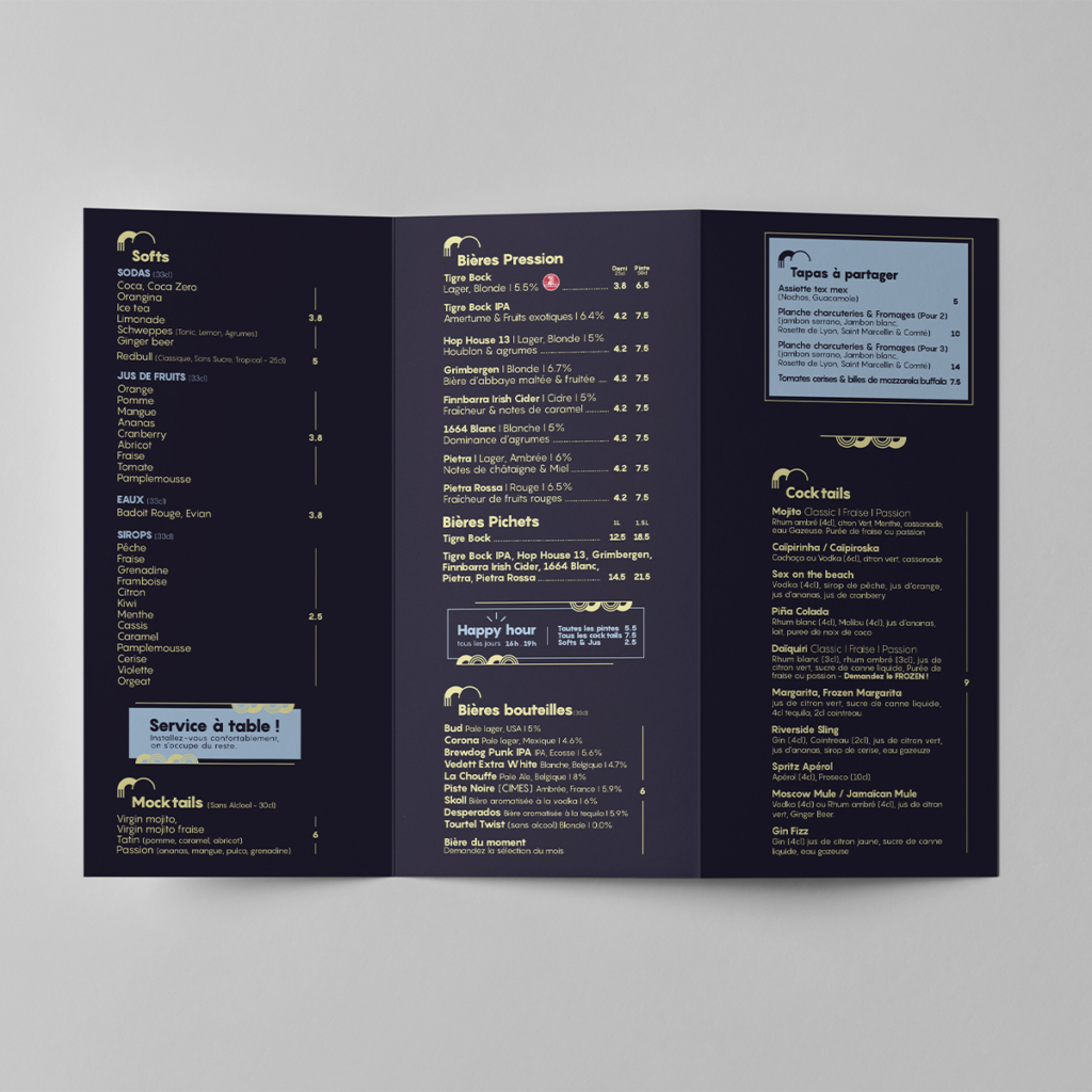 Création de menu & carte de boisson, bar la Marquise à Lyon