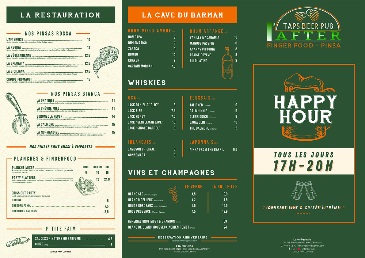 Création de menu & carte restaurant : After Hour, Beauvais